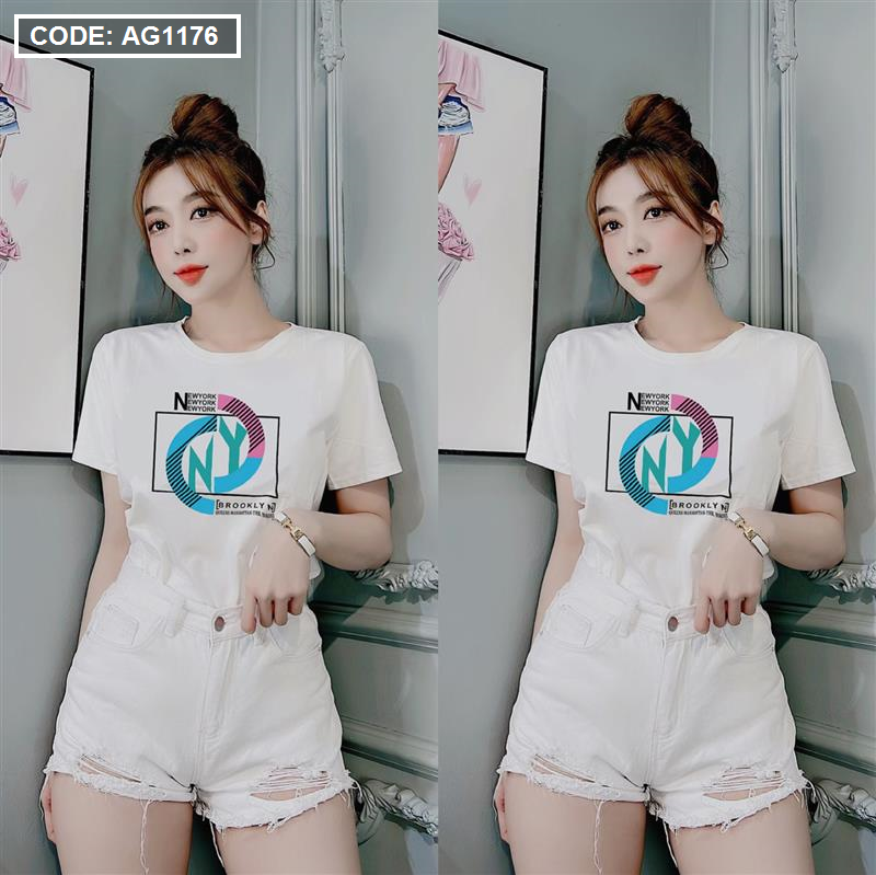 Áo thun thái nữ cồ tròn form suông in chữ màu New York - ANN.COM.VN